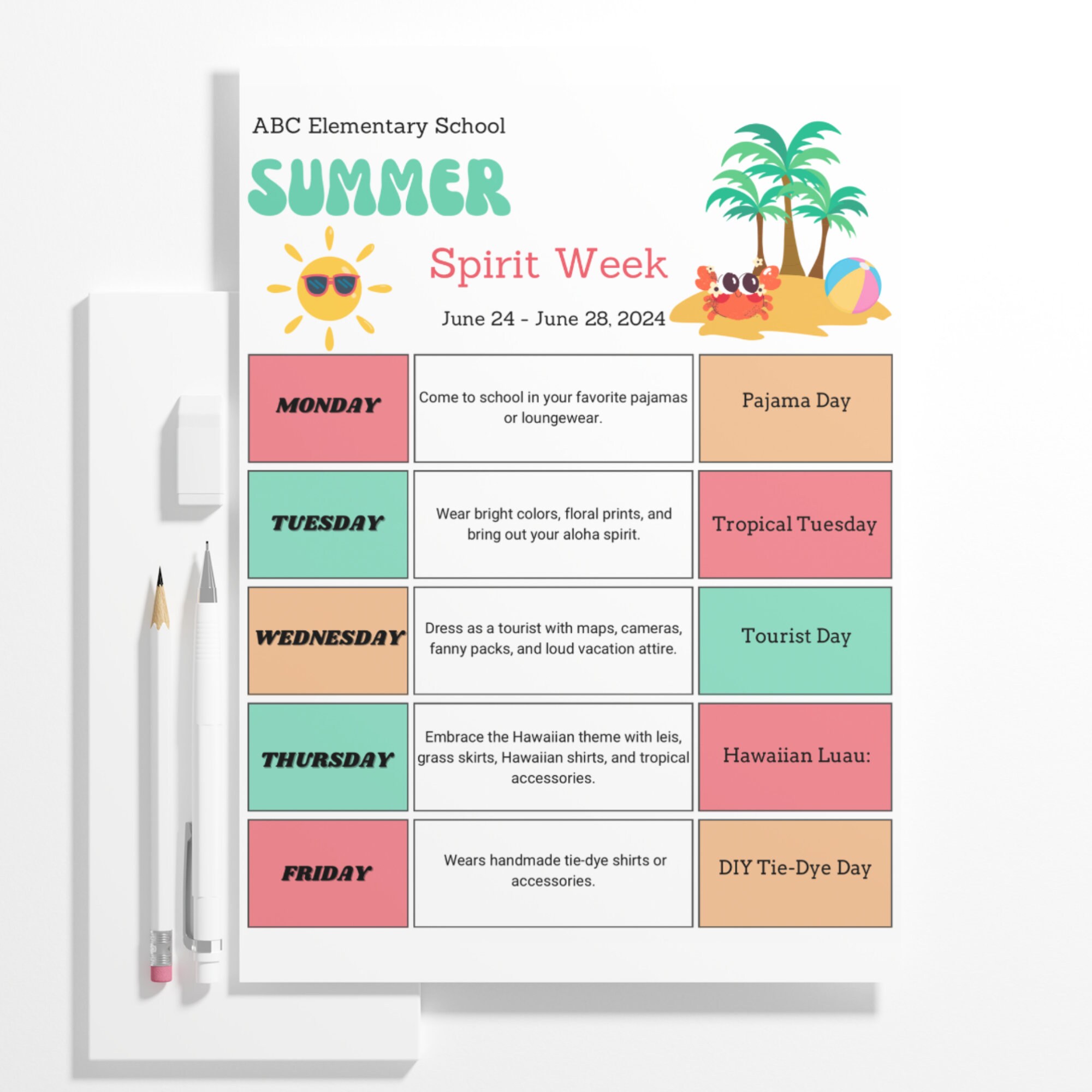 Summer Spirit Week Template Version 1 | Spirit Week Ideas for School ...