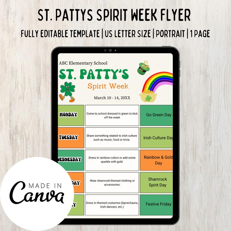 St Patty's Spirit Week Template V1 for School or Work | St. Patrick's ...