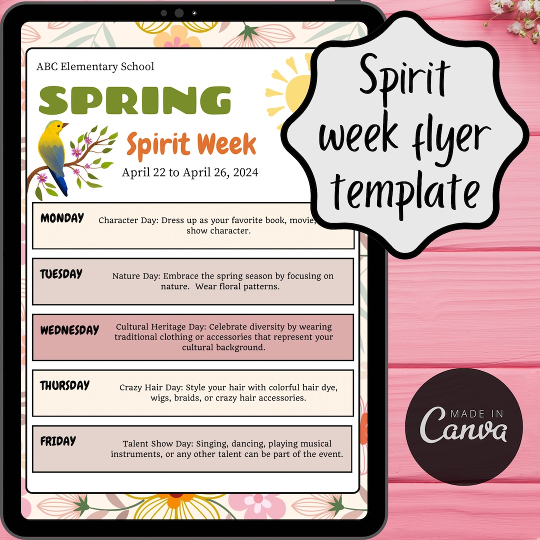 Spring Spirit Week V2 Editable Flyer Template | Letter Size Canva ...