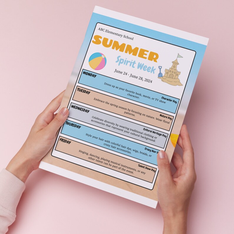 Summer Spirit Week Template Version 2 | Spirit Week Ideas for School ...