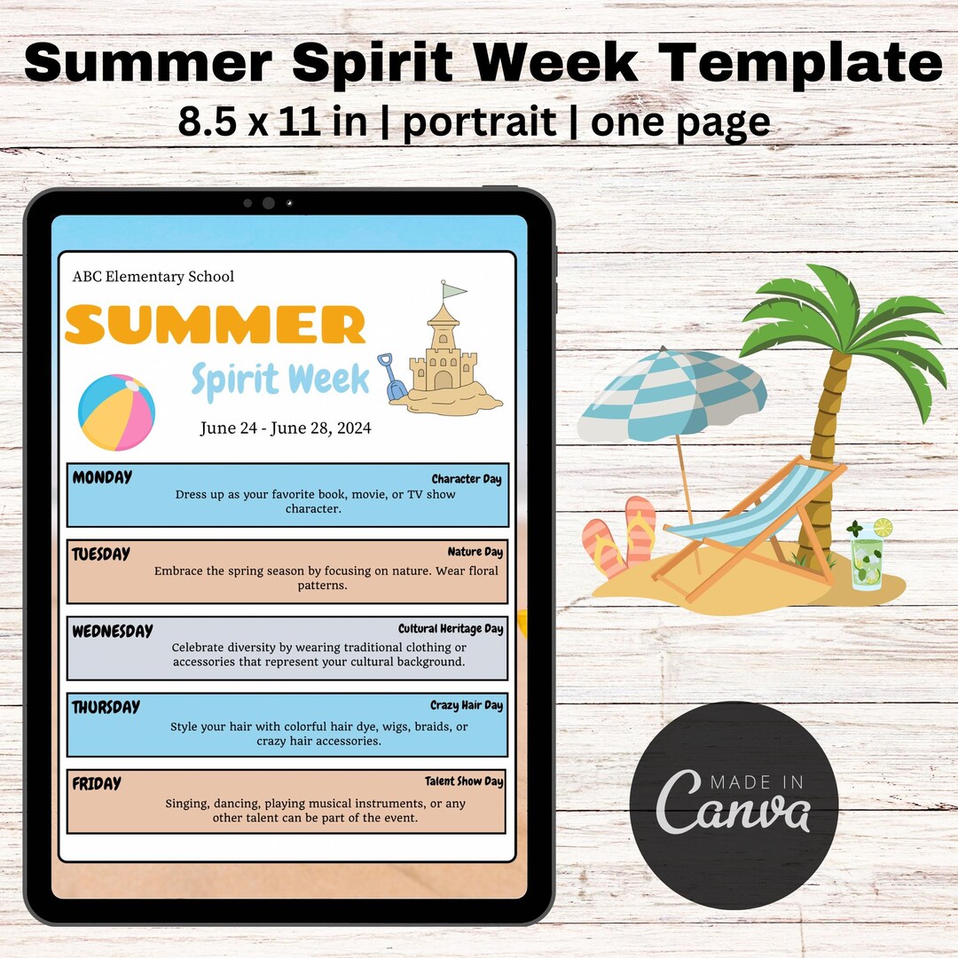 Summer Spirit Week Template Version 2 | Spirit Week Ideas for School ...