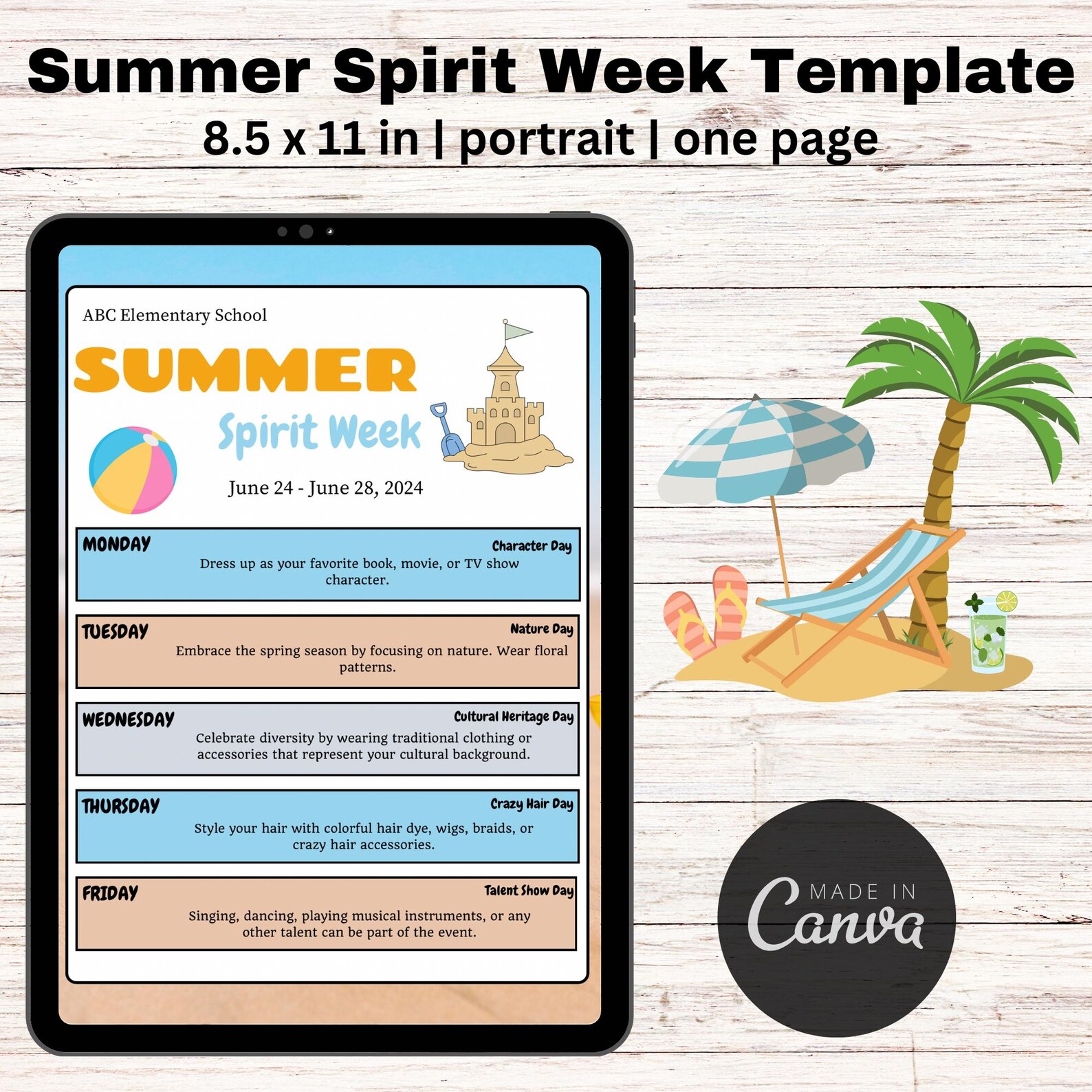 Summer Spirit Week Template Version 2 | Spirit Week Ideas for School ...