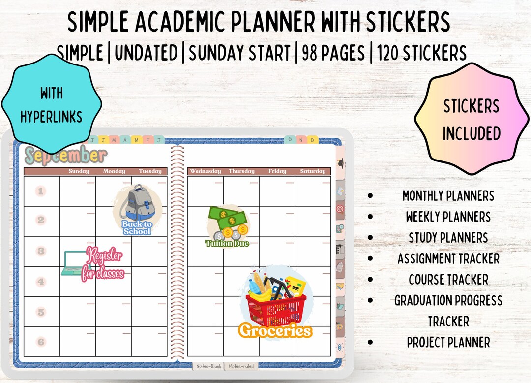 Simple Academic Student Planner With Digital Stickers College Planner ...
