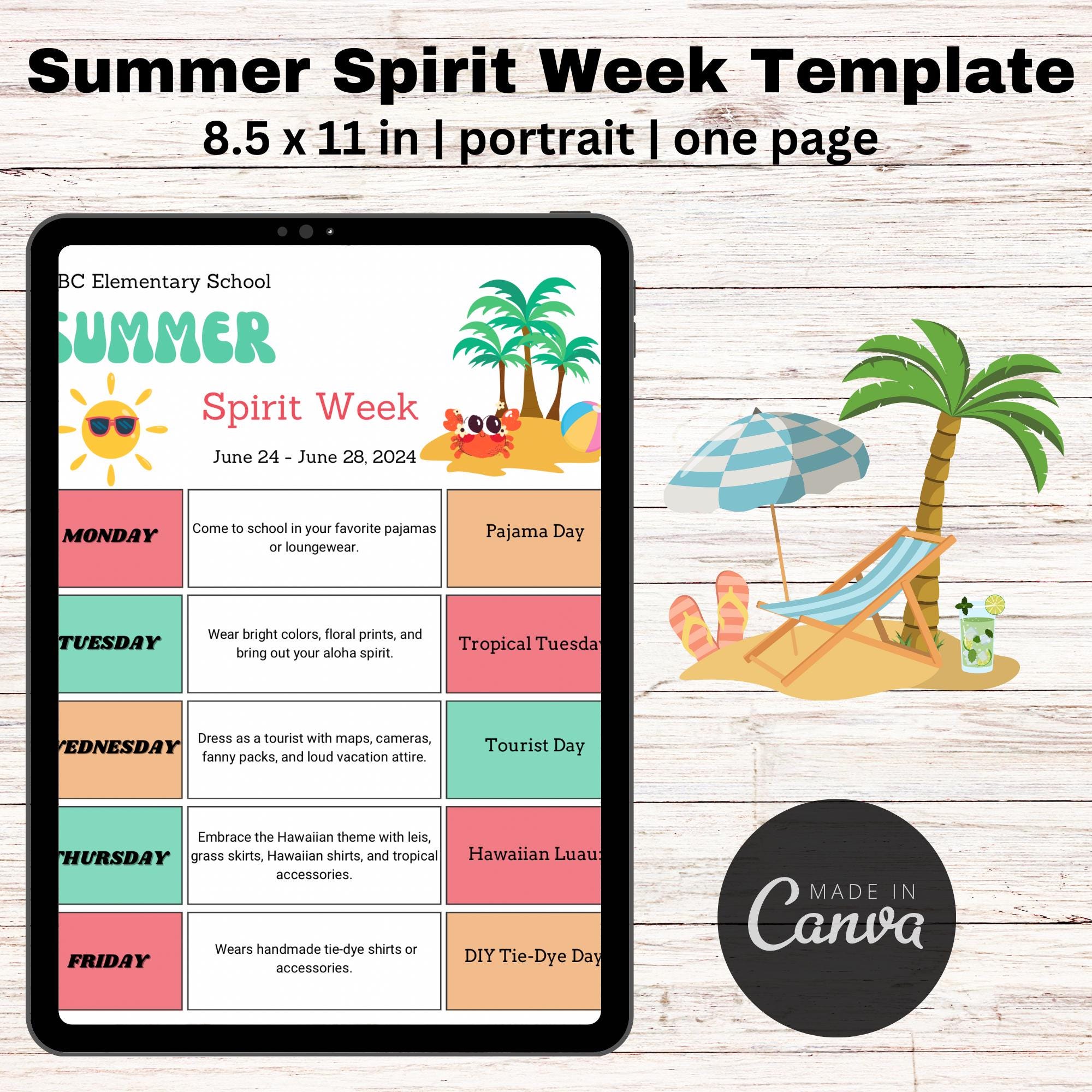 Summer Spirit Week Template Version 1 | Spirit Week Ideas for School ...