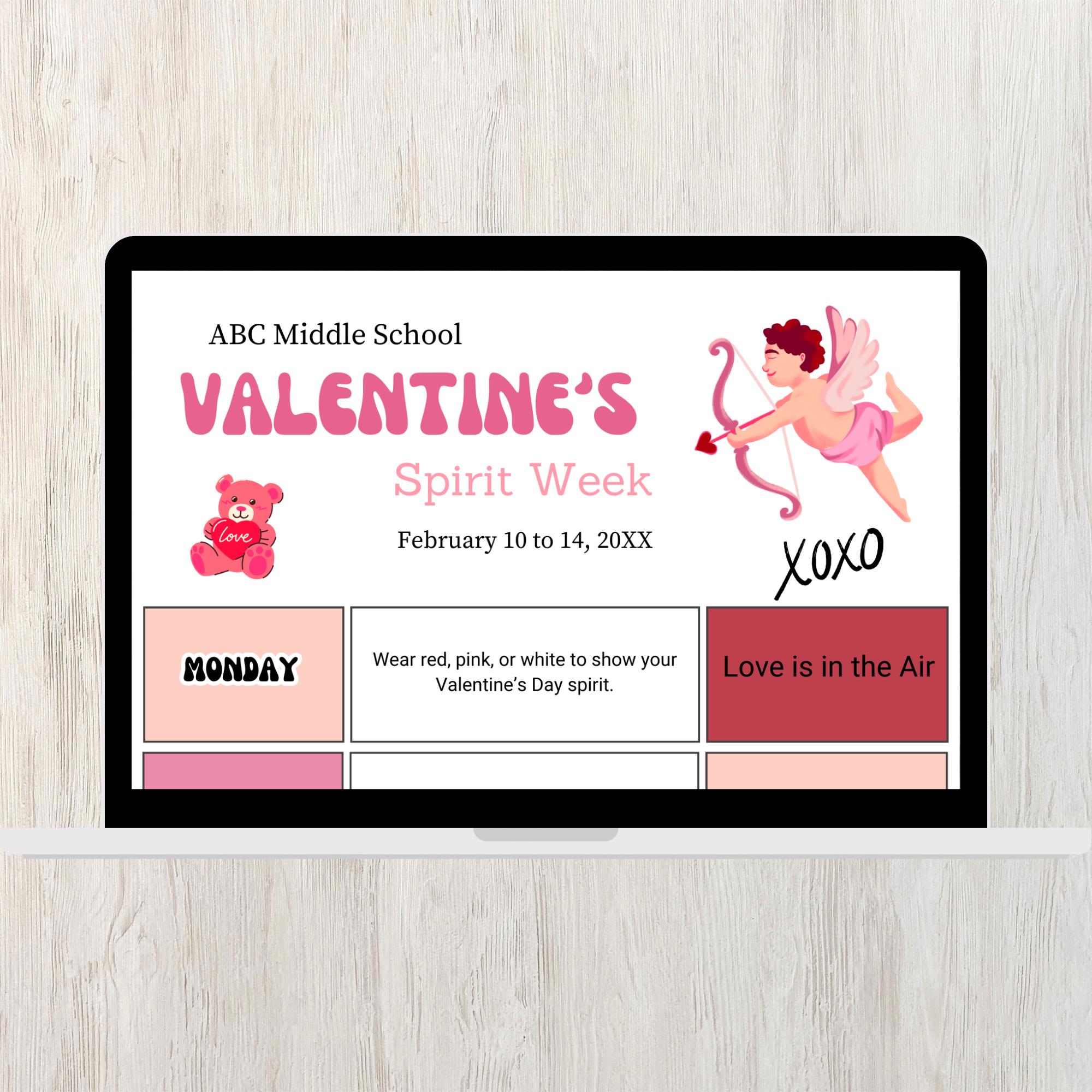 Valentine’s Spirit Week Editable Flyer Template | Dress up Activity ...