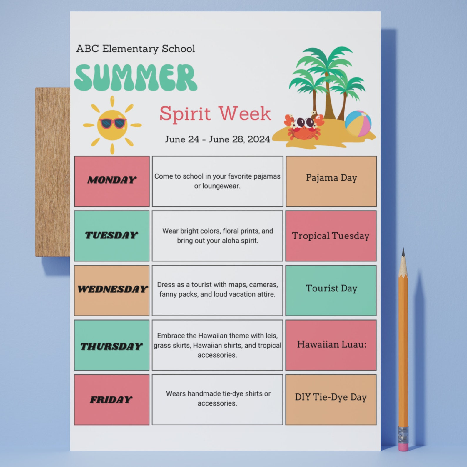 Summer Spirit Week Template Version 1 | Spirit Week Ideas for School ...