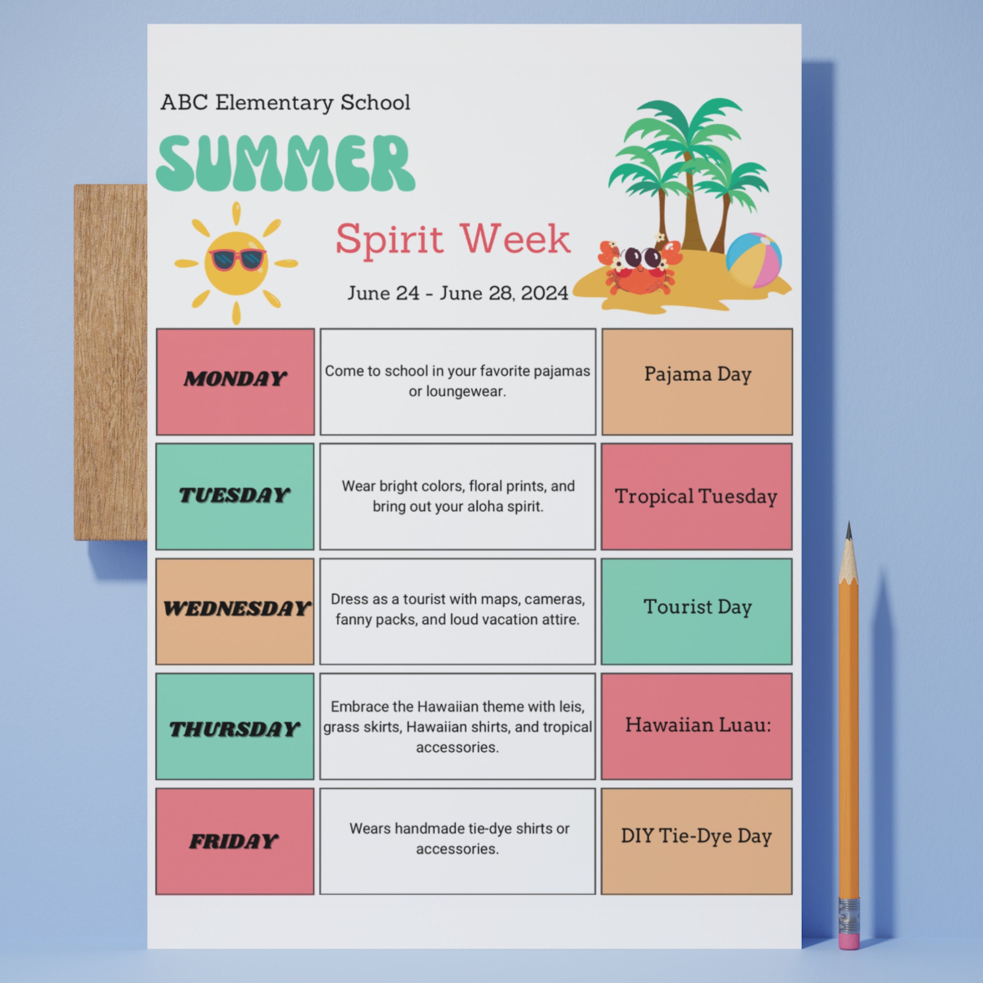 Summer Spirit Week Template Version 1 | Spirit Week Ideas for School ...