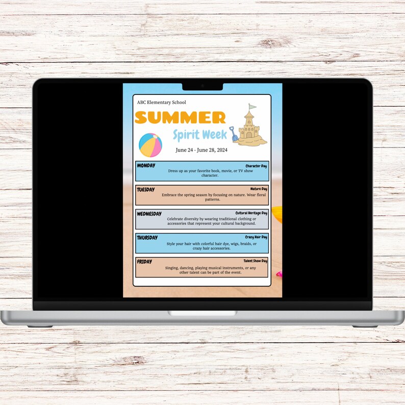 Summer Spirit Week Template Version 2 | Spirit Week Ideas for School ...