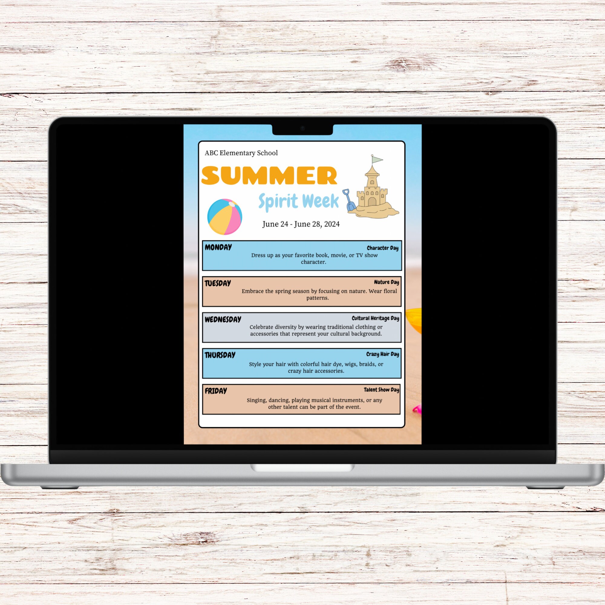 Summer Spirit Week Template Version 2 | Spirit Week Ideas for School ...