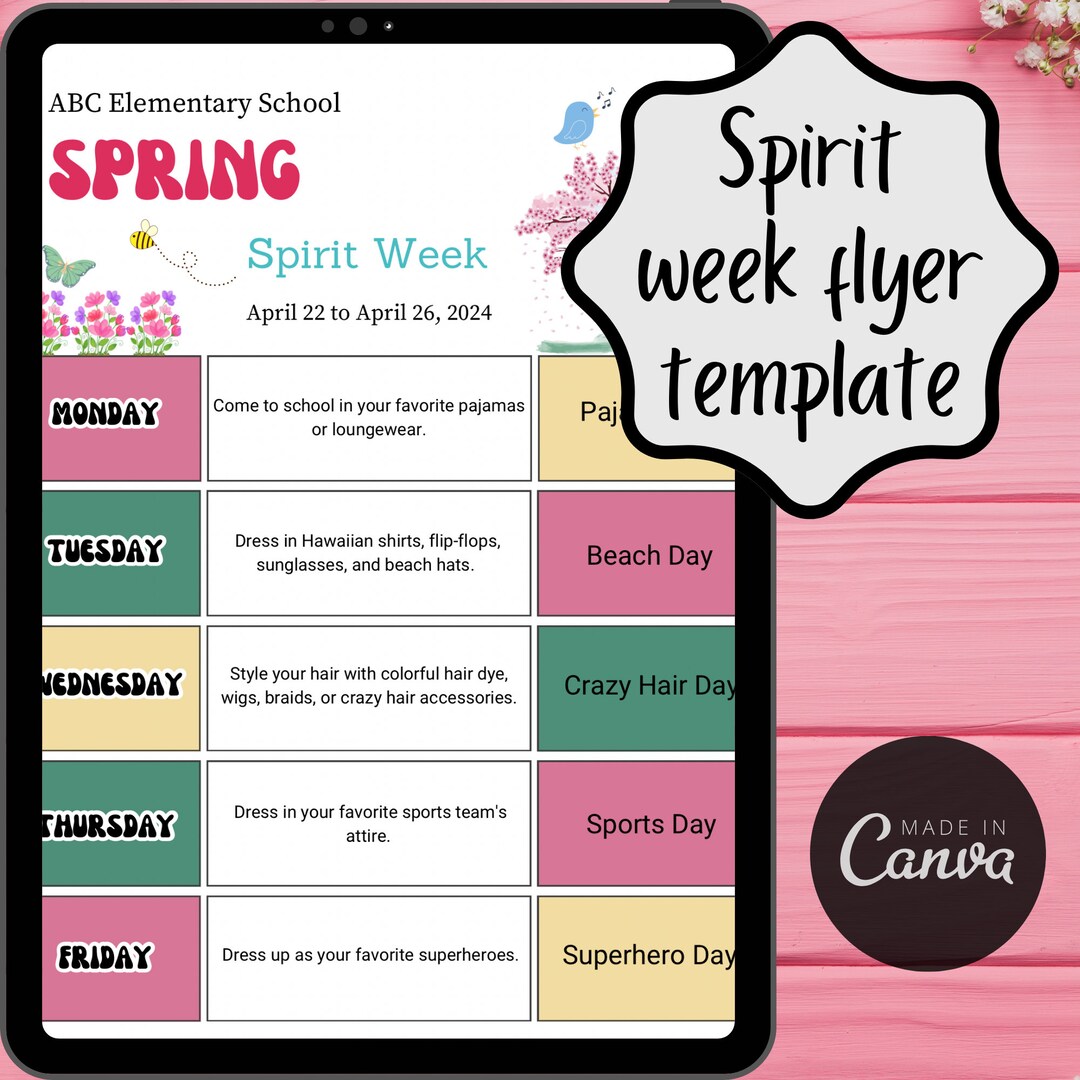 Spring Spirit Week V1 Editable Flyer Template Letter Size Canva ...