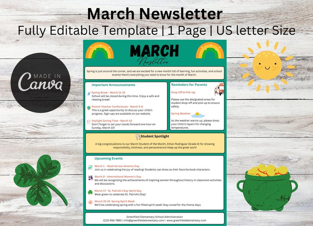 March Newsletter Editable Canva Template V1 for School, Classroom, PTA ...