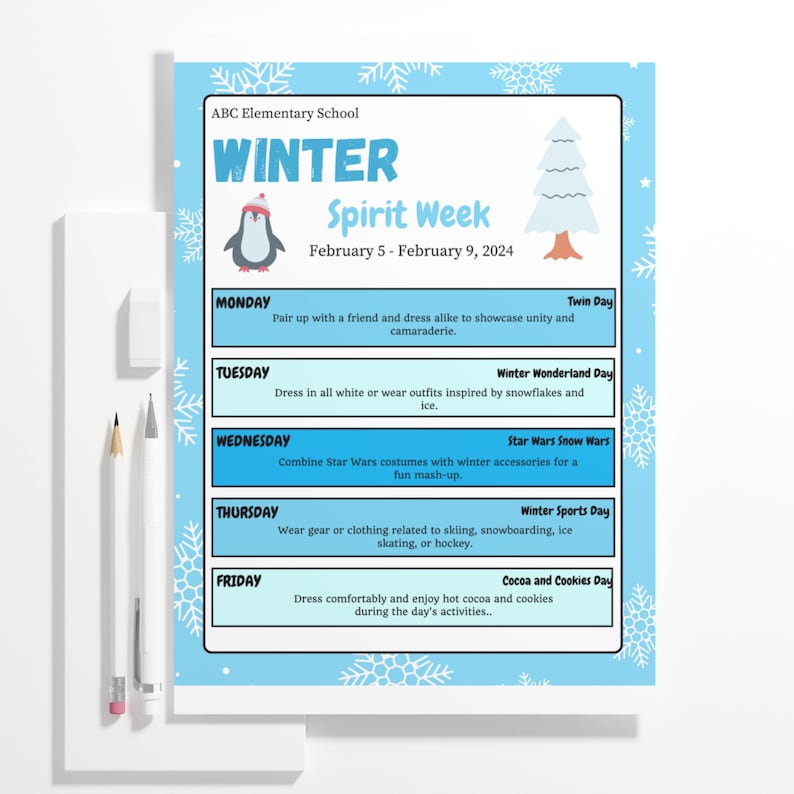Winter Spirit Week Editable Template Version 2 for School, Daycare or ...
