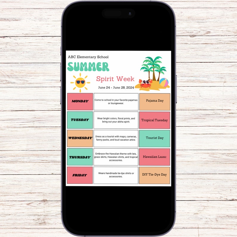 Summer Spirit Week Template Version 1 | Spirit Week Ideas for School ...