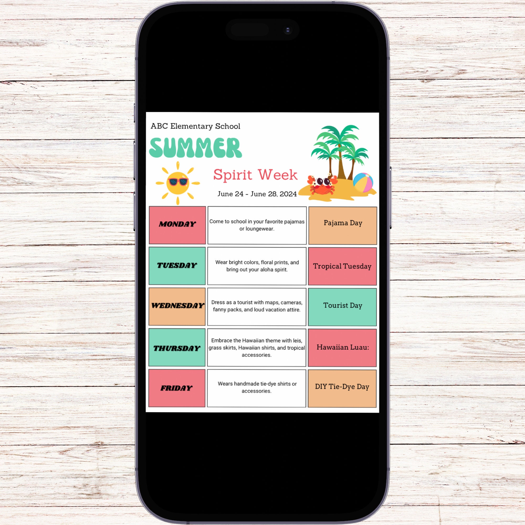 Summer Spirit Week Template Version 1 | Spirit Week Ideas for School ...