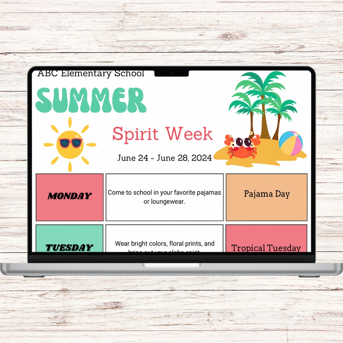 Summer Spirit Week Template Version 1 Spirit Week Ideas for School ...