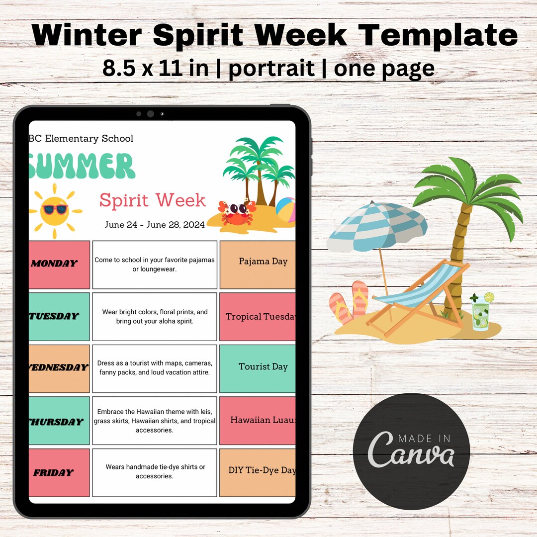 Summer Spirit Week Template Version 1 Spirit Week Ideas for School ...