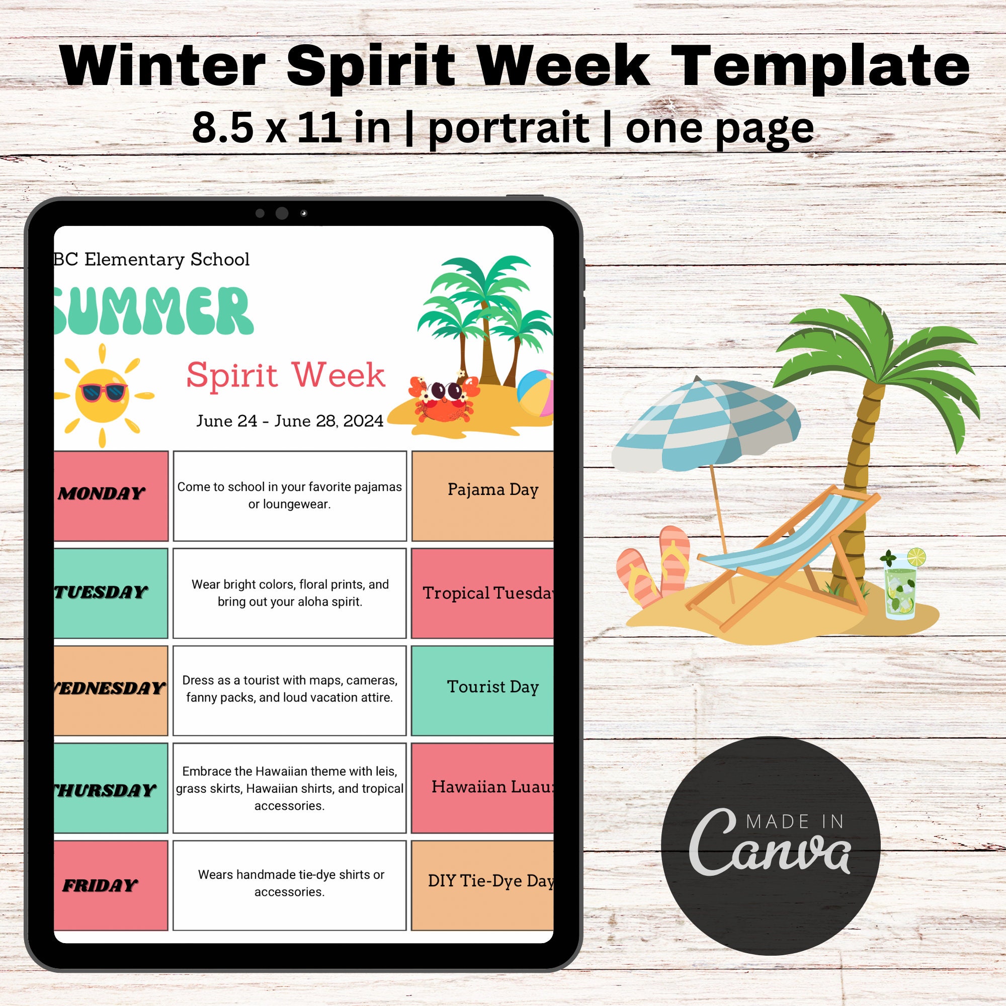 Summer Spirit Week Template Version 1 Spirit Week Ideas for School ...