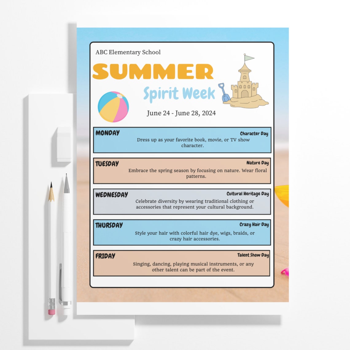 Summer Spirit Week Template Version 2 | Spirit Week Ideas for School ...