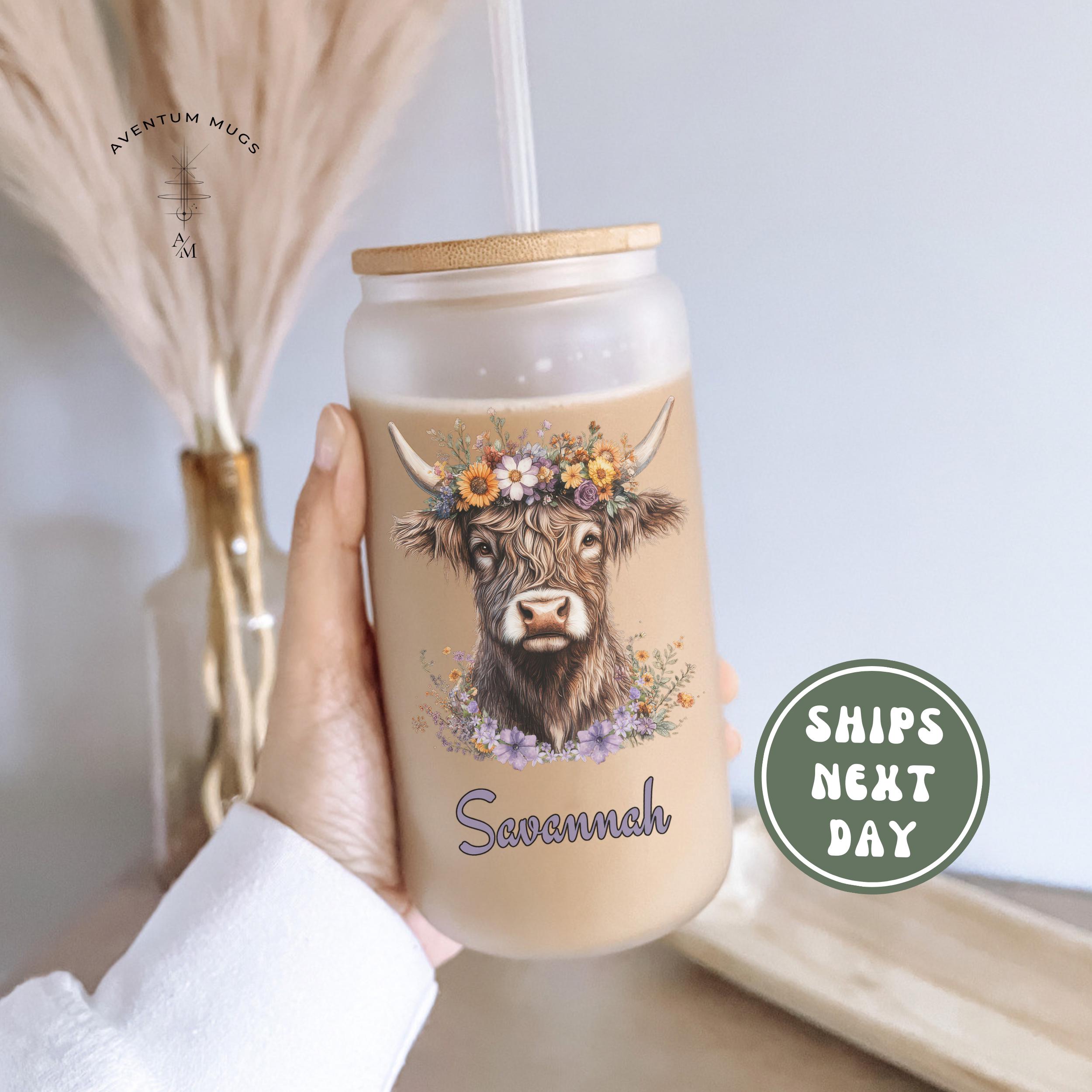 Personalized Highland Cow Glass Cup Custom Highland Cow Frosted Glass ...
