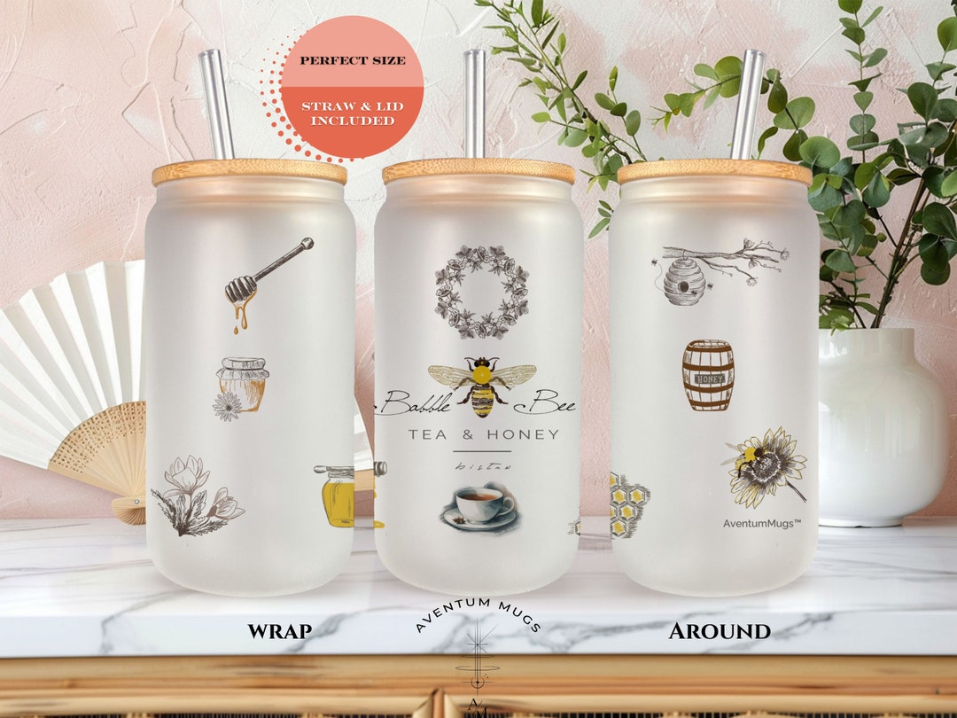 Babble Bee Tea and Honey 16oz Frosted Glass Cup – Honey Pot, Honeycomb ...
