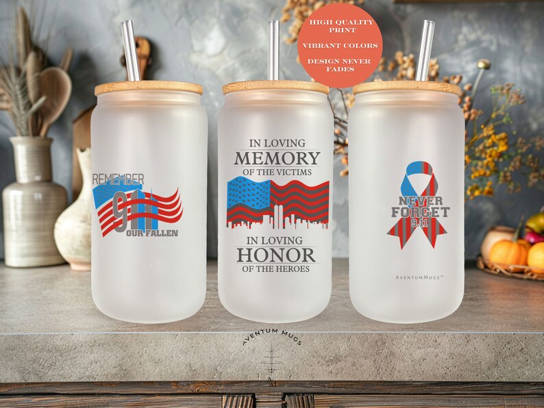 Remembering September 11th 16oz Frosted Glass Cup – Honor Fallen Heroes ...