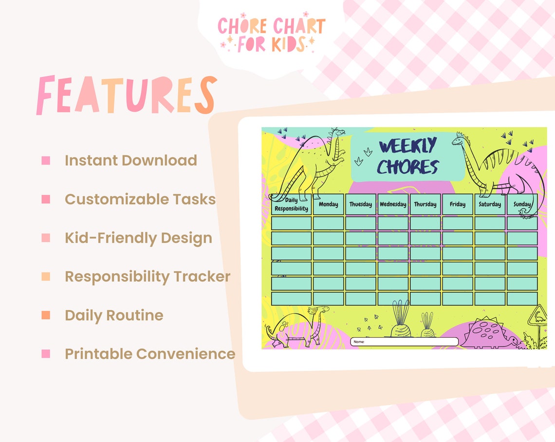 Dinosaur Chore Chart Printable, Chore Chart for Kids Printable, Weekly ...