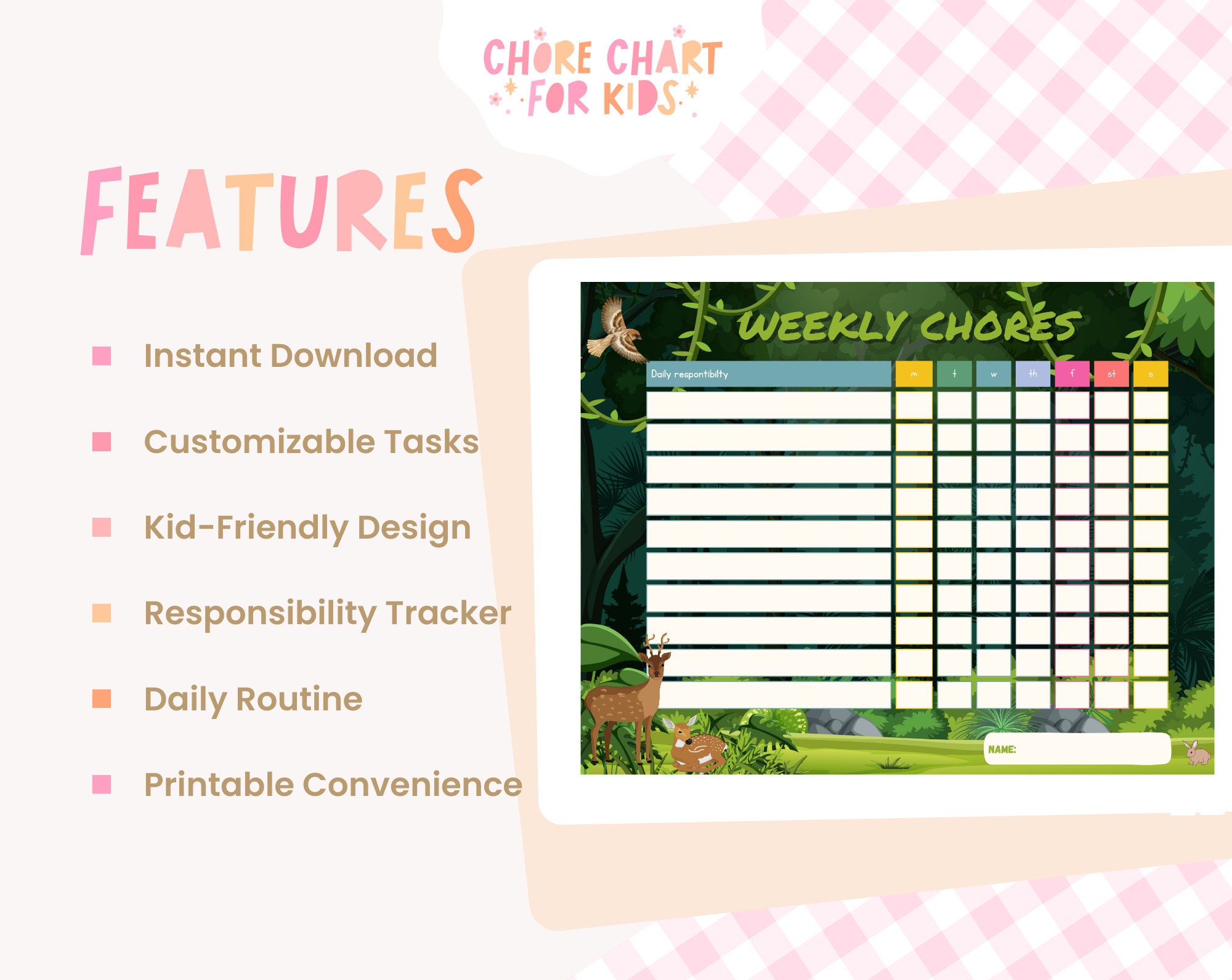 Forest Chore Chart Printable, Chore Chart for Kids Printable, Weekly ...