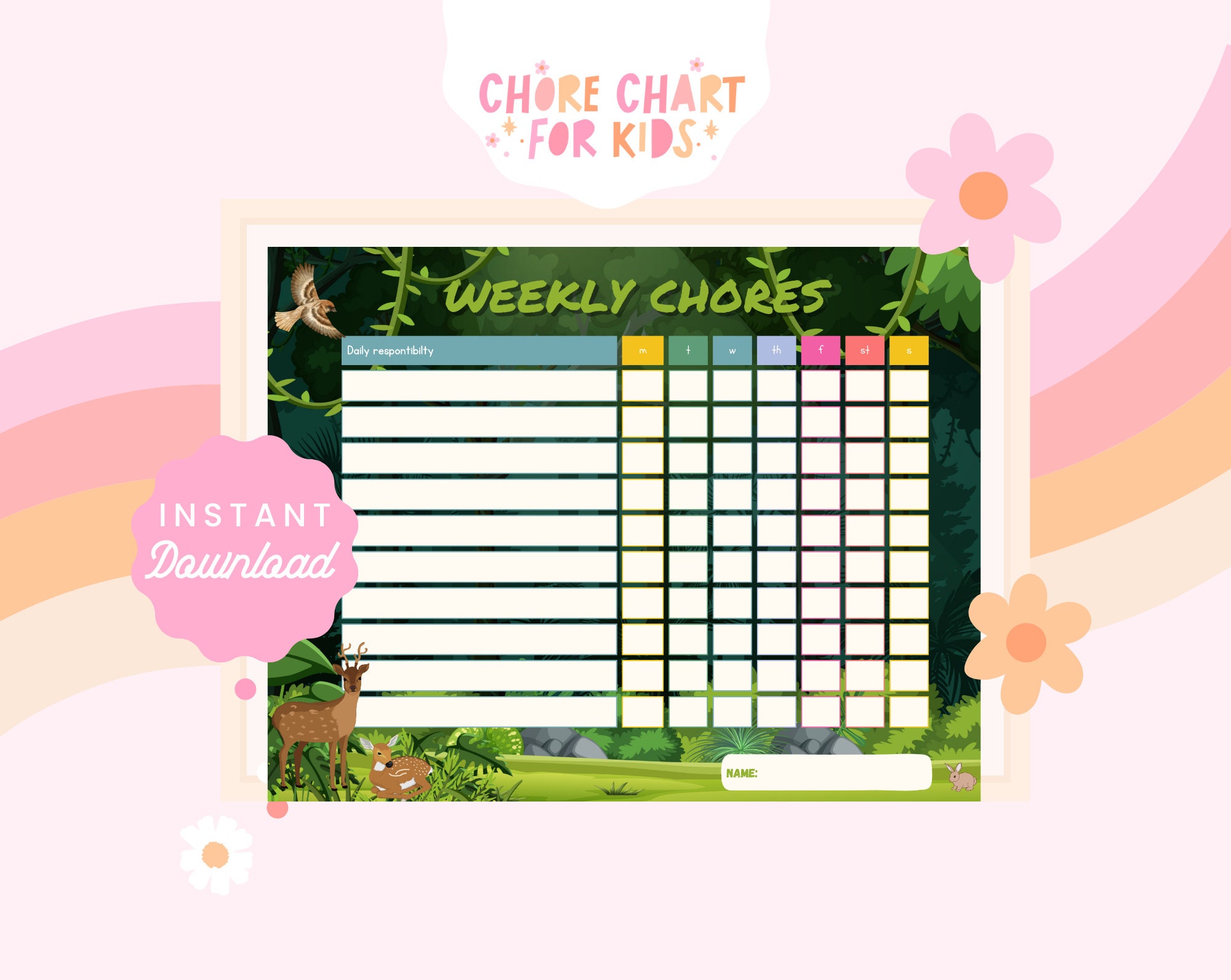 Forest Chore Chart Printable, Chore Chart for Kids Printable, Weekly ...