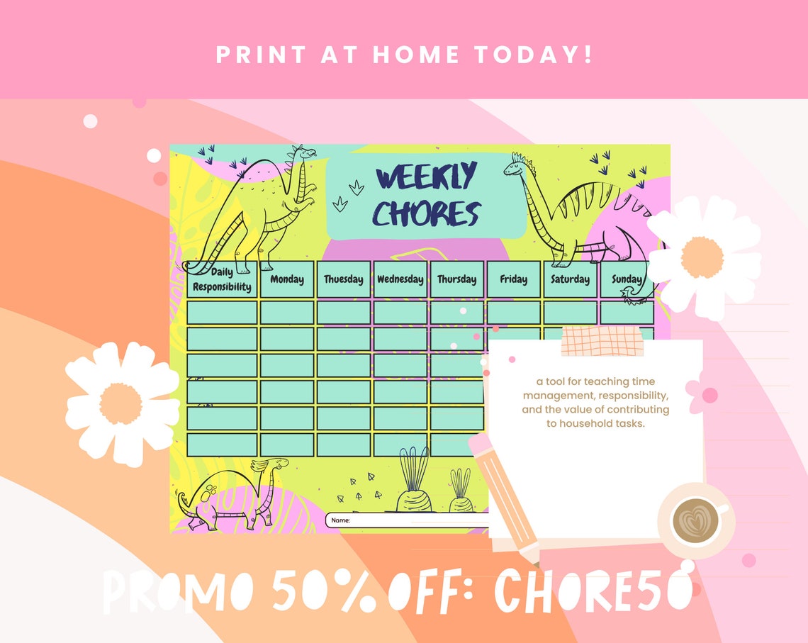 Dinosaur Chore Chart Printable, Chore Chart for Kids Printable, Weekly ...