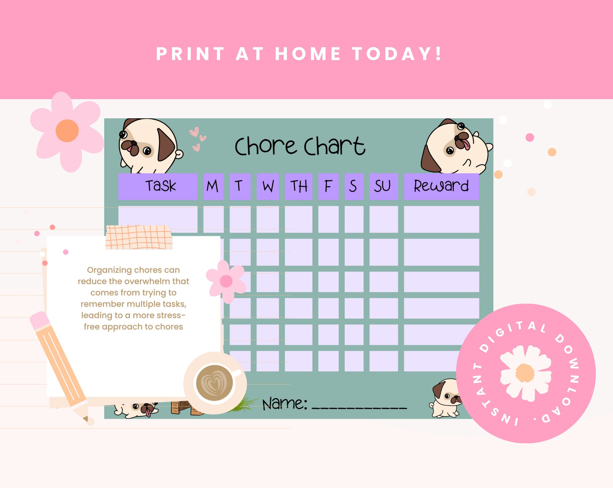 Printable Chore Chart for Kids, Reward Chart, Behavior Chart, Family ...