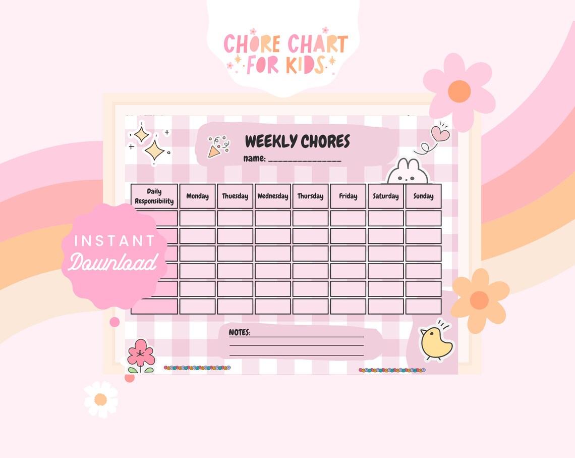 Kawaii Chore Chart Printable, Chore Chart for Kids Printable, Weekly ...