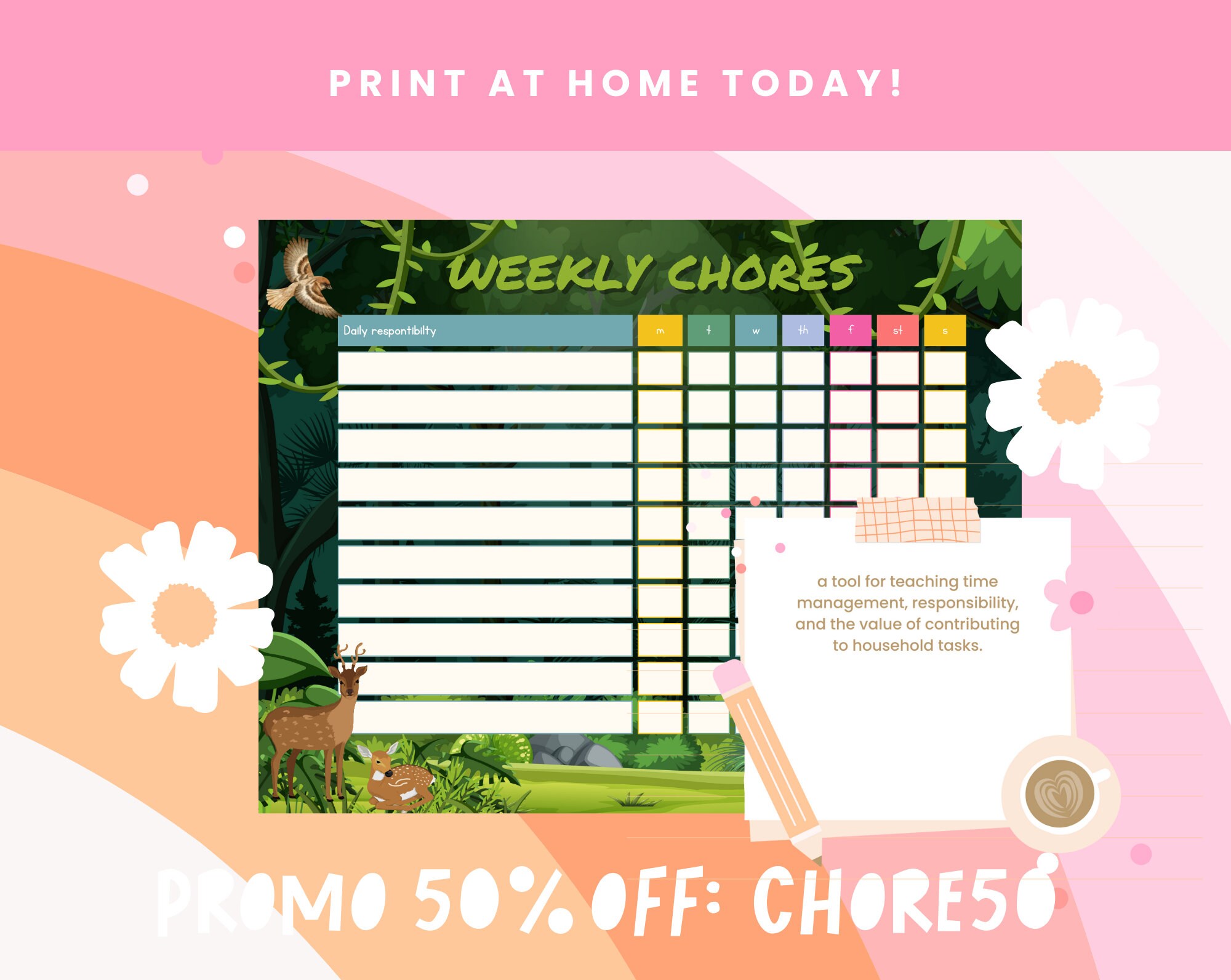 Forest Chore Chart Printable, Chore Chart for Kids Printable, Weekly ...