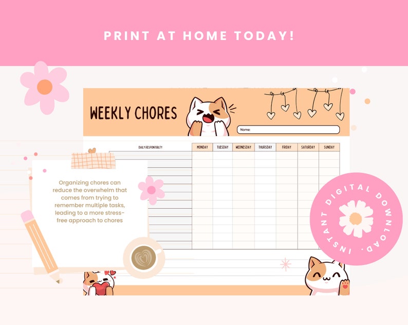Kawaii CAT Chore Chart Printable, Chore Chart for Kids, Weekly Chore ...
