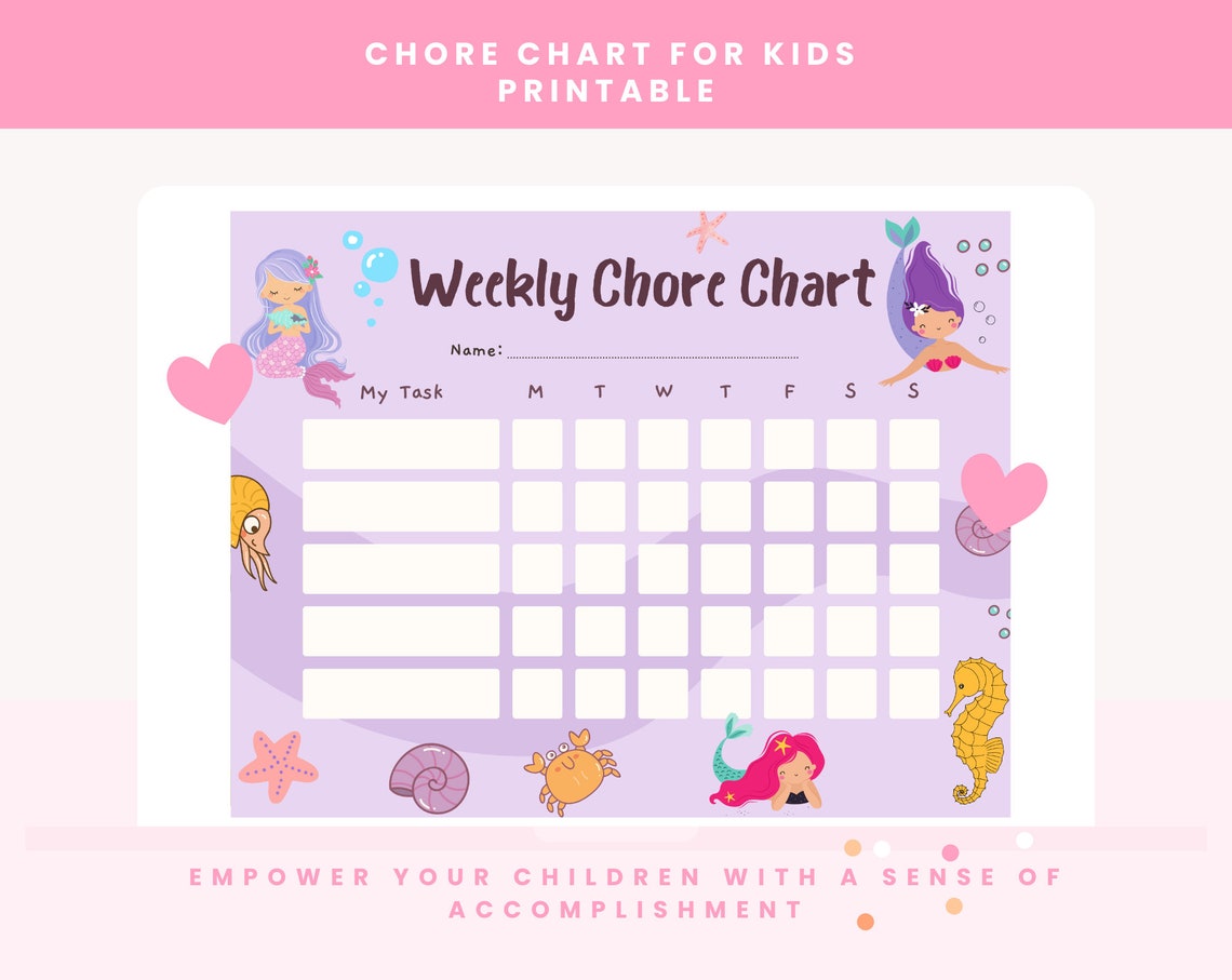 Mermaid Chore Chart for Kids Printable, Weekly Chore Chart, Reward ...