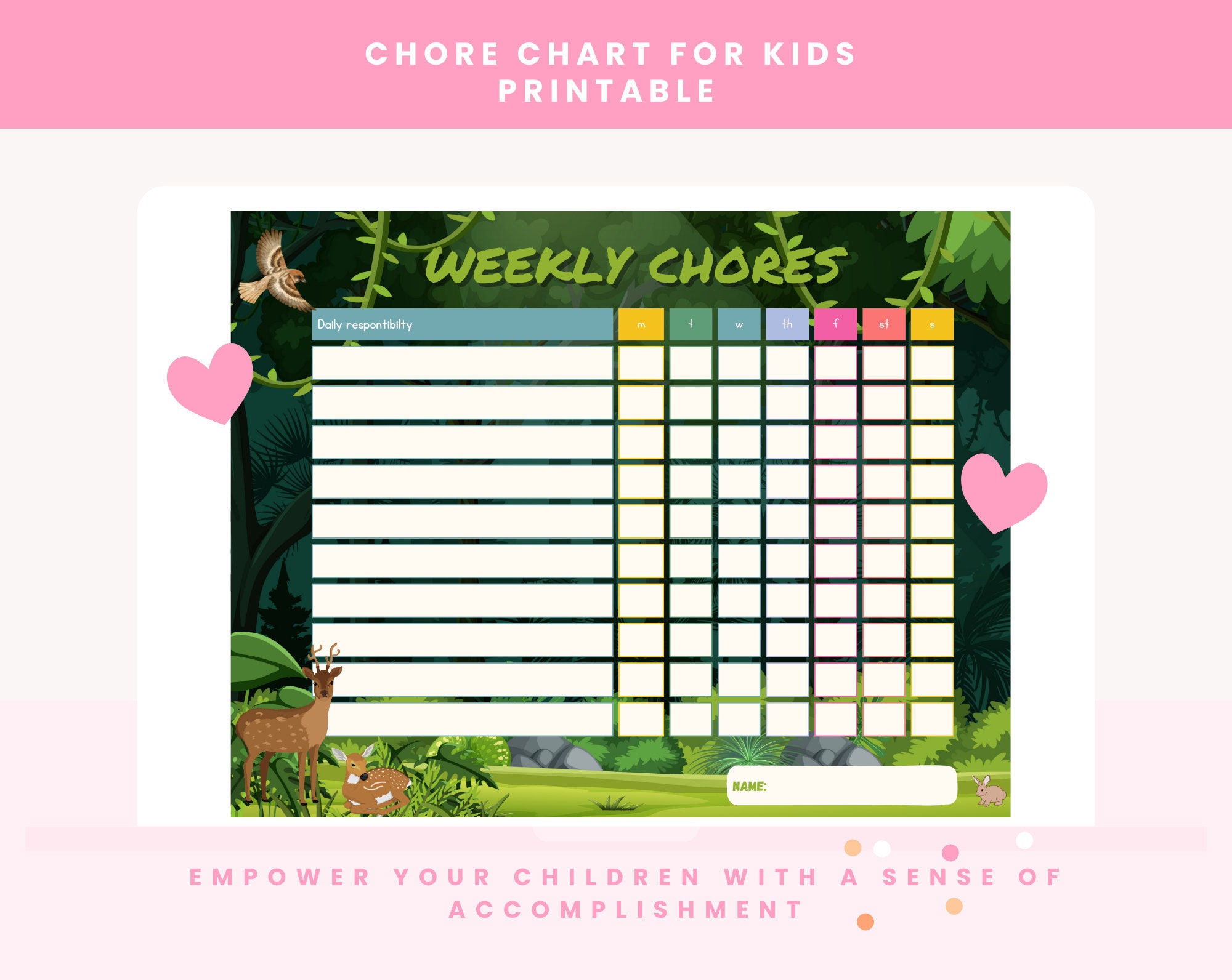 Forest Chore Chart Printable, Chore Chart for Kids Printable, Weekly ...