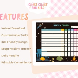 Camping Chore Chart Printable, Chore Chart for Kids Printable, Weekly ...