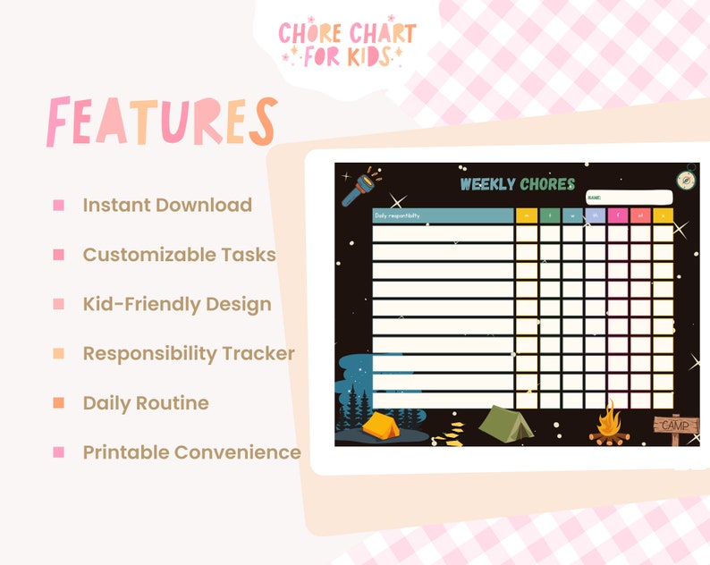 Camping Chore Chart Printable, Chore Chart for Kids Printable, Weekly ...