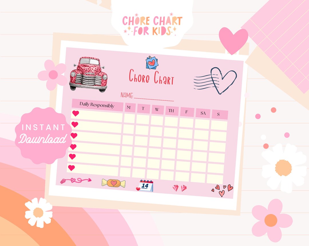 Valentines Day, Chore Chart for Kids Printable, Reward Chart, Weekly ...