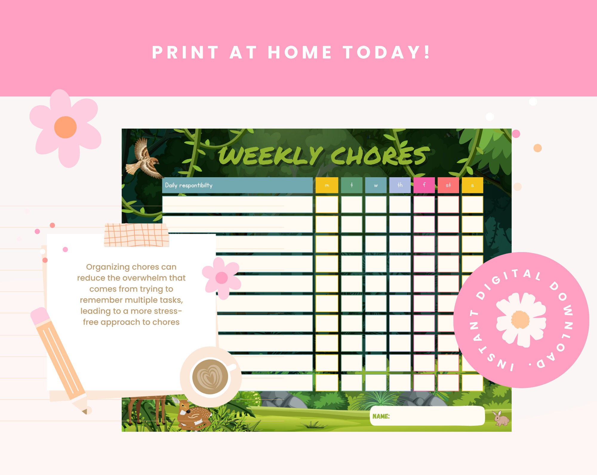 Forest Chore Chart Printable, Chore Chart for Kids Printable, Weekly ...