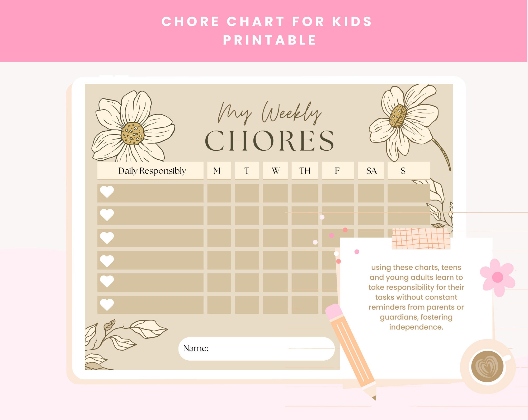 Pre-teen Chore Chart Printable, Chore Chart for Kids Printable, Weekly ...