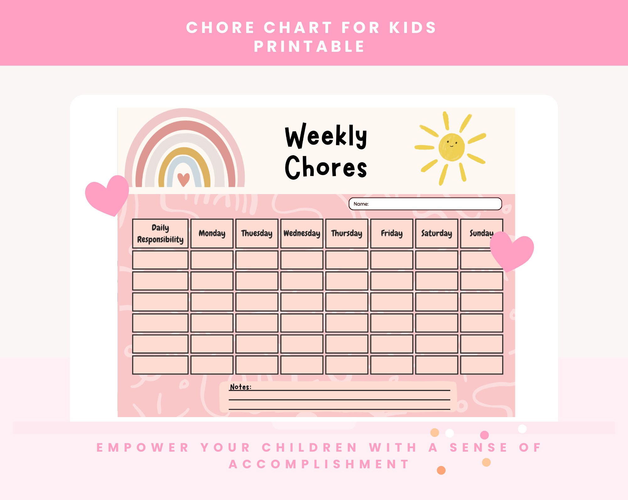 Rainbow Chore Chart for Kids Printable, Chore Chart Printable, Weekly ...