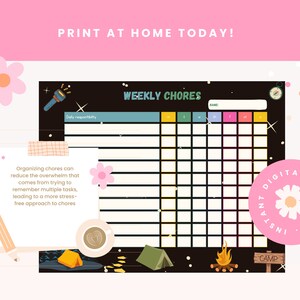 Camping Chore Chart Printable, Chore Chart for Kids Printable, Weekly ...