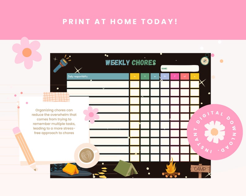 Camping Chore Chart Printable, Chore Chart for Kids Printable, Weekly ...