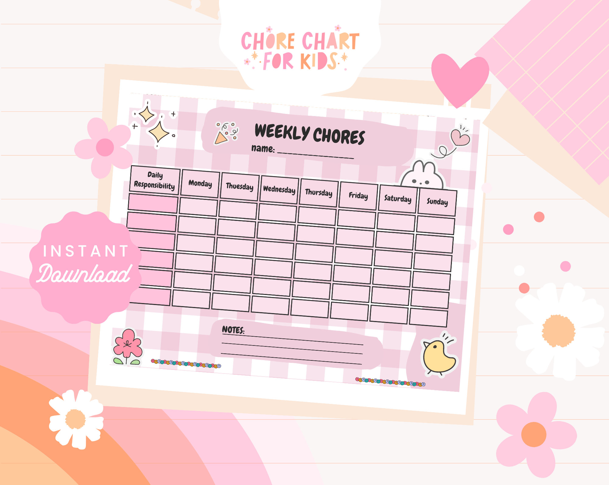 Kawaii Chore Chart Printable, Chore Chart for Kids Printable, Weekly ...