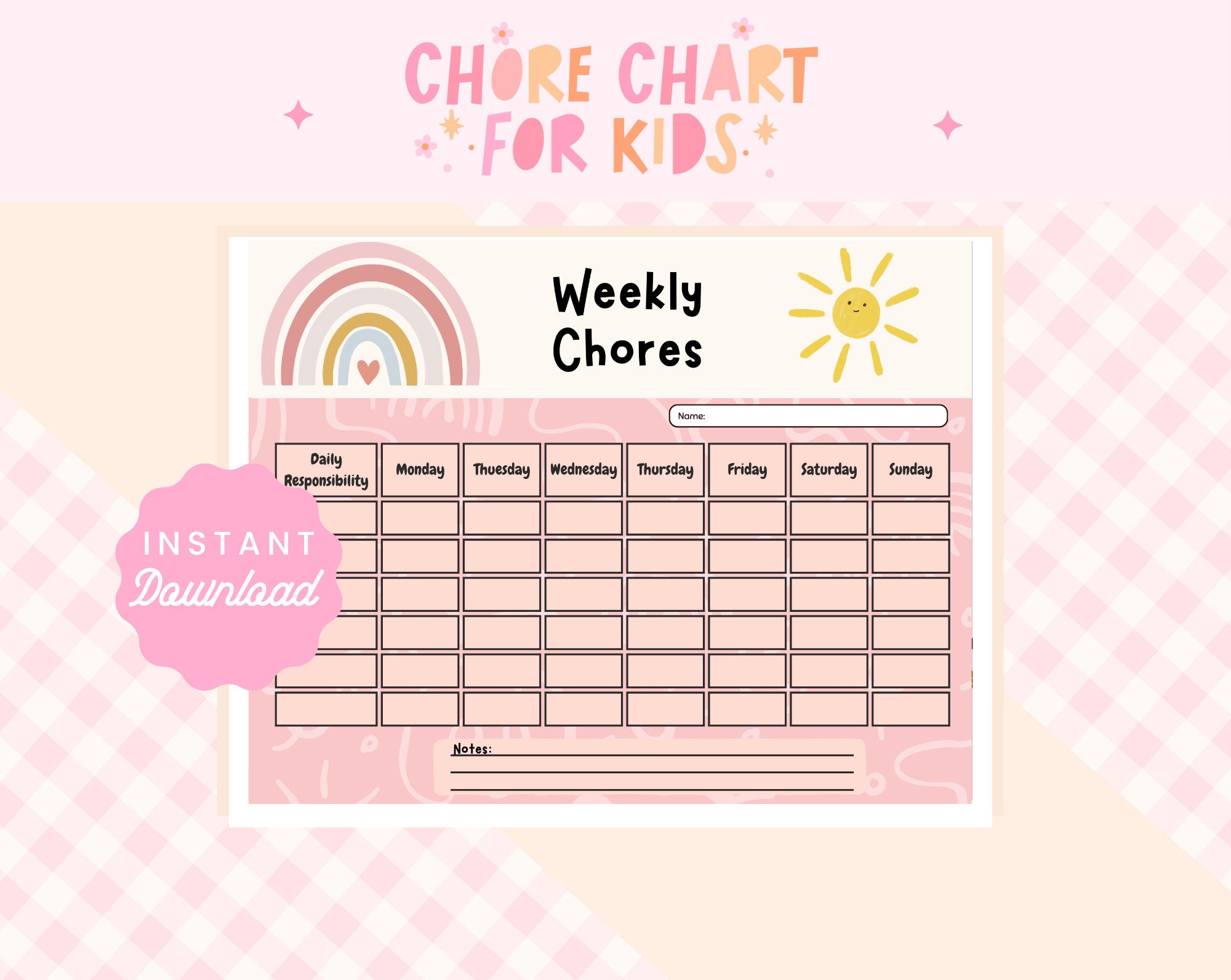 Rainbow Chore Chart for Kids Printable, Chore Chart Printable, Weekly ...