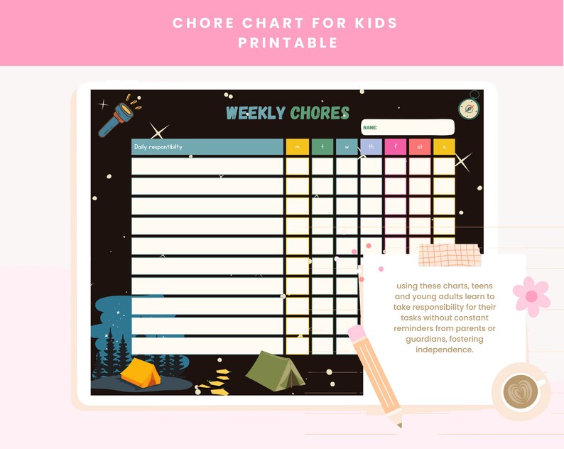 Camping Chore Chart Printable, Chore Chart for Kids Printable, Weekly ...