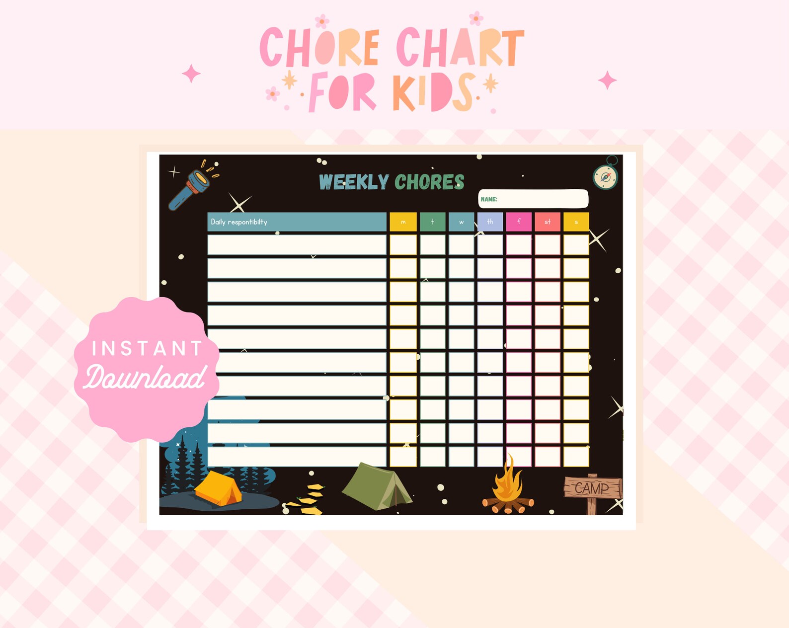 Camping Chore Chart Printable, Chore Chart for Kids Printable, Weekly ...