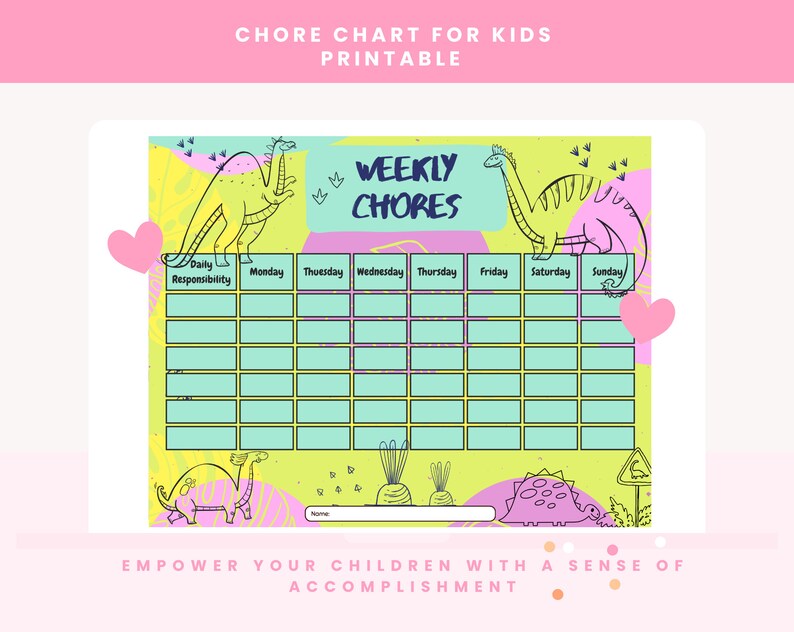 Dinosaur Chore Chart Printable, Chore Chart for Kids Printable, Weekly ...