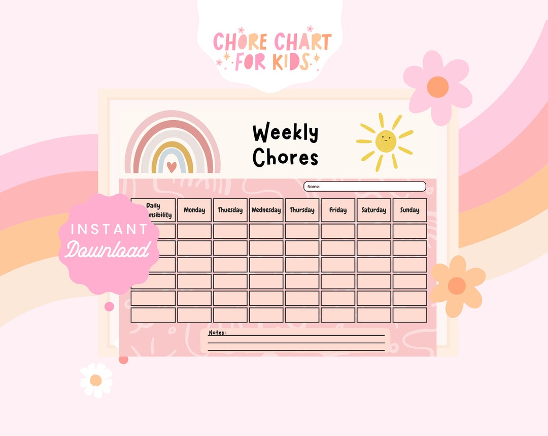 Rainbow Chore Chart for Kids Printable, Chore Chart Printable, Weekly ...