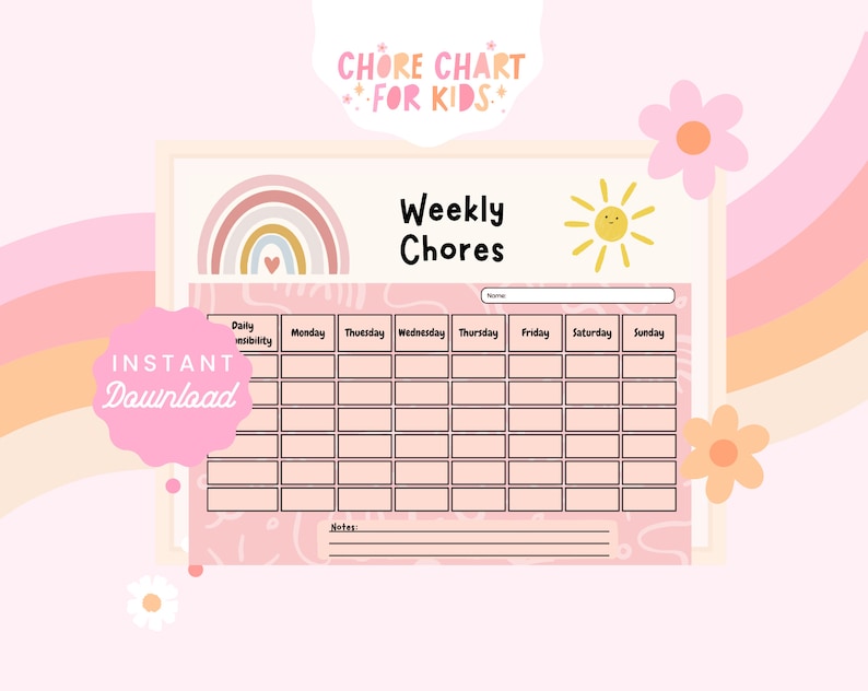 Rainbow Chore Chart for Kids Printable, Chore Chart Printable, Weekly ...